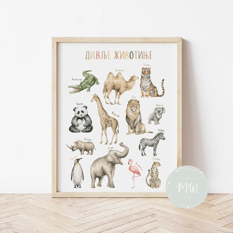 It's a moms world Edukativni poster za decu sa ramom Divlje životinje A5, 3D