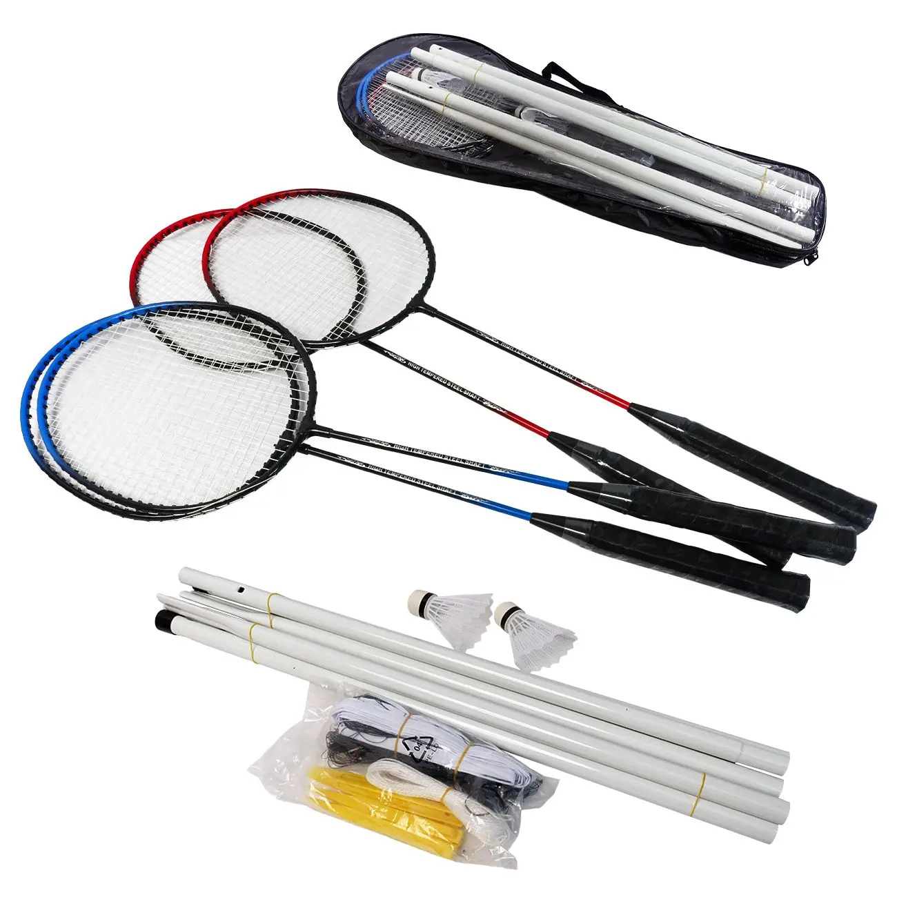 Set za badminton. 4 reketa + 2 loptice + Mreža, Crni