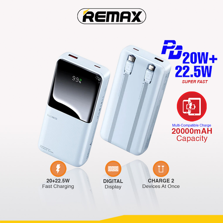 Power bank prenosiva baterija REMAX Cynlle Series RPP-680 PD 20W+QC 22.5W 20000mAh plavi