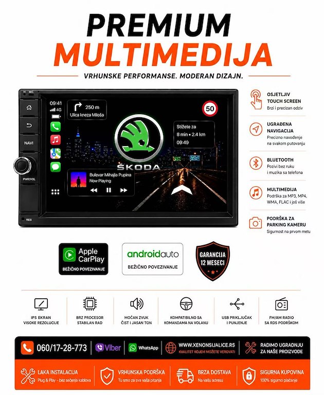 SKODA MULTIMEDIJA ANDROID,CAR PLAY NAVIGACIJA TOUCH SCREEN 7 INCA