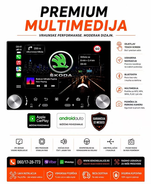 SKODA MULTIMEDIJA ANDROID,CAR PLAY NAVIGACIJA TOUCH SCREEN 7 INCA