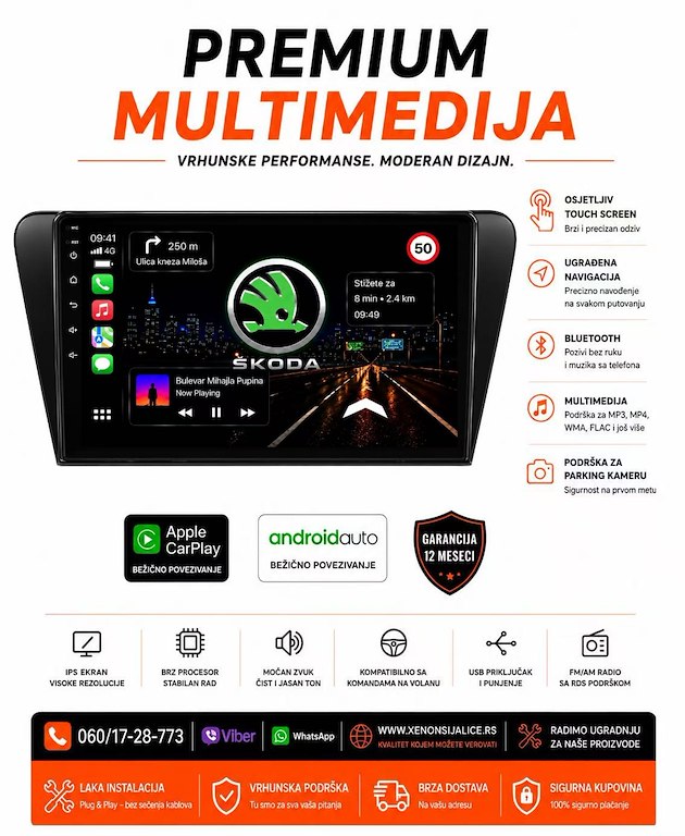 SKODA OCTAVIA A7 MULTIMEDIJA ANDROID,CAR PLAY NAVIGACIJA TOUCH SCREEN 10 INCA