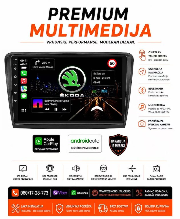 SKODA RAPID MULTIMEDIJA ANDROID,CAR PLAY NAVIGACIJA TOUCH SCREEN 10 INCA