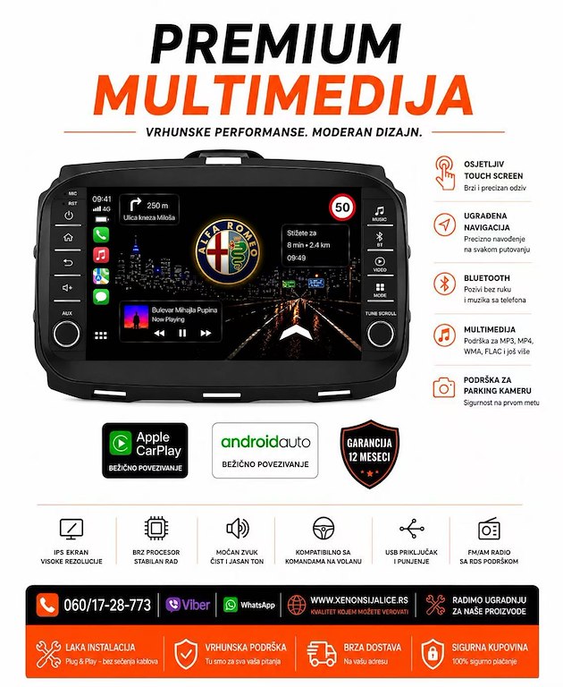 ALFA ROMEO GIULIETTA NOVI TIP MULTIMEDIJA ANDROID,CAR PLAY NAVIGACIJA TOUCH SCREEN 9 INCA