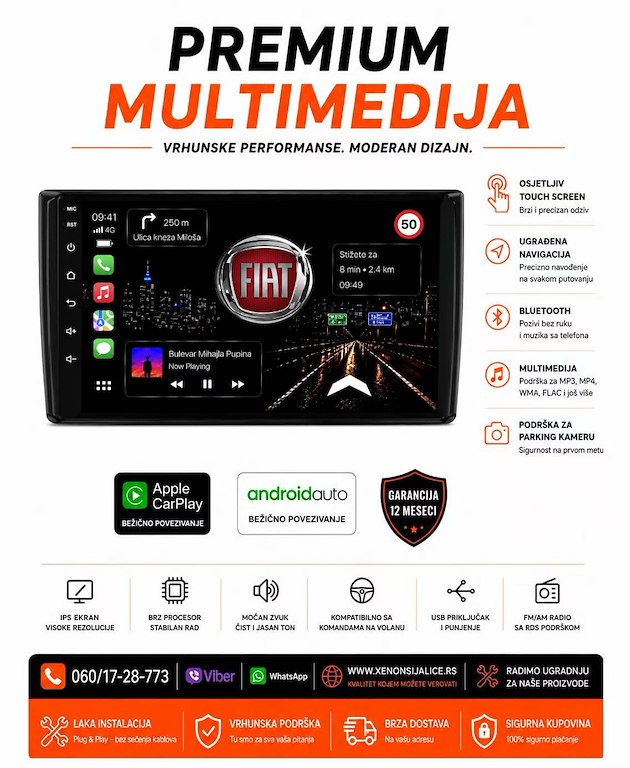 FIAT BRAVO MULTIMEDIJA ANDROID,CAR PLAY NAVIGACIJA TOUCH SCREEN 10 INCA