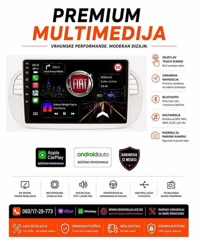 FIAT 500 MULTIMEDIJA ANDROID,CAR PLAY NAVIGACIJA TOUCH SCREEN 10 INCA