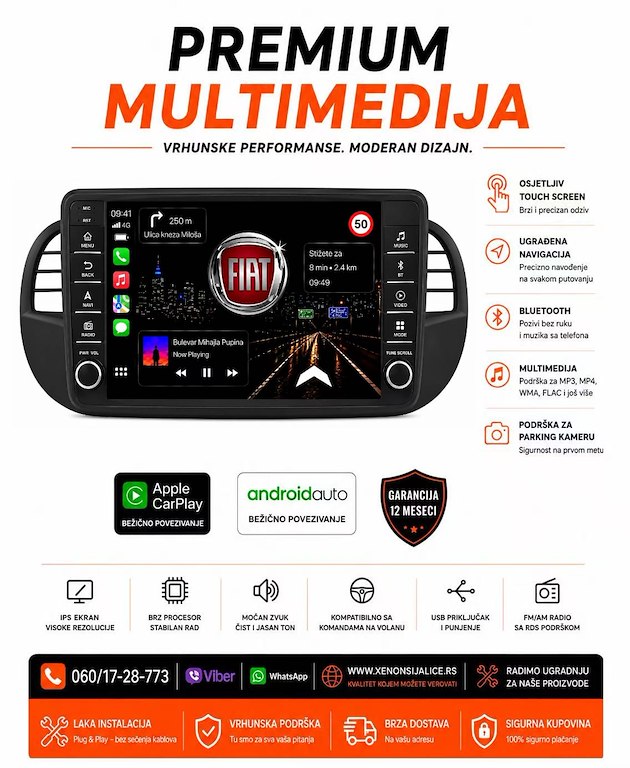 FIAT 500 MULTIMEDIJA ANDROID,CAR PLAY NAVIGACIJA TOUCH SCREEN 10 INCA