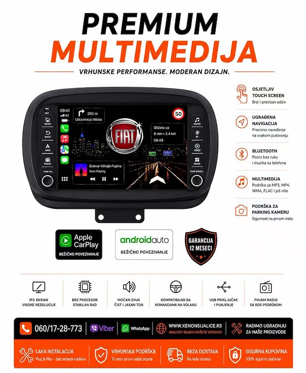 FIAT 500X MULTIMEDIJA ANDROID,CAR PLAY NAVIGACIJA TOUCH SCREEN 10 INCA