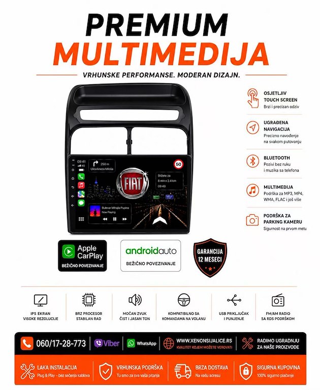 FIAT GRANDE PUNTO MULTIMEDIJA ANDROID,CAR PLAY NAVIGACIJA TOUCH SCREEN 10 INCA
