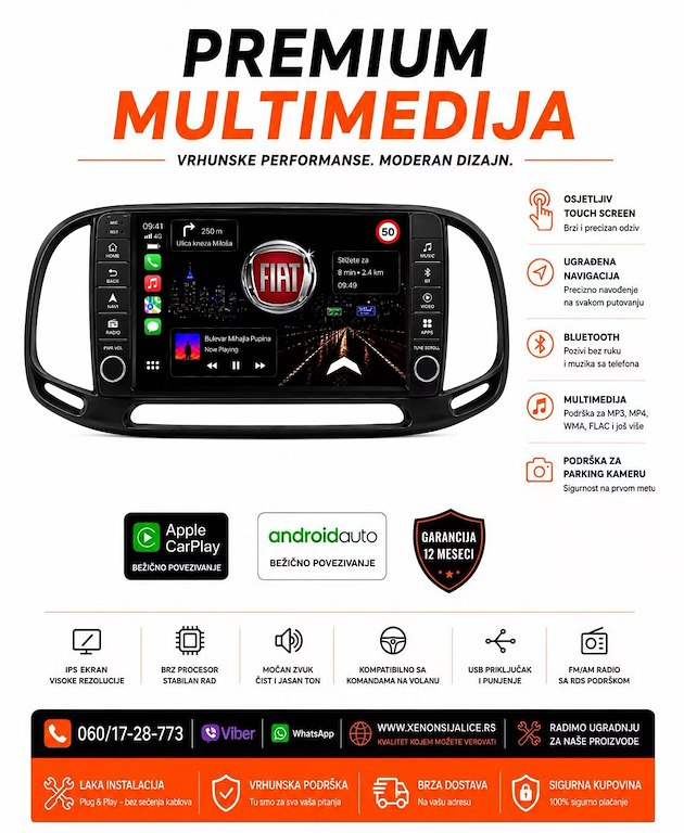 FIAT DOBLO MULTIMEDIJA ANDROID,CAR PLAY NAVIGACIJA TOUCH SCREEN 10 INCA