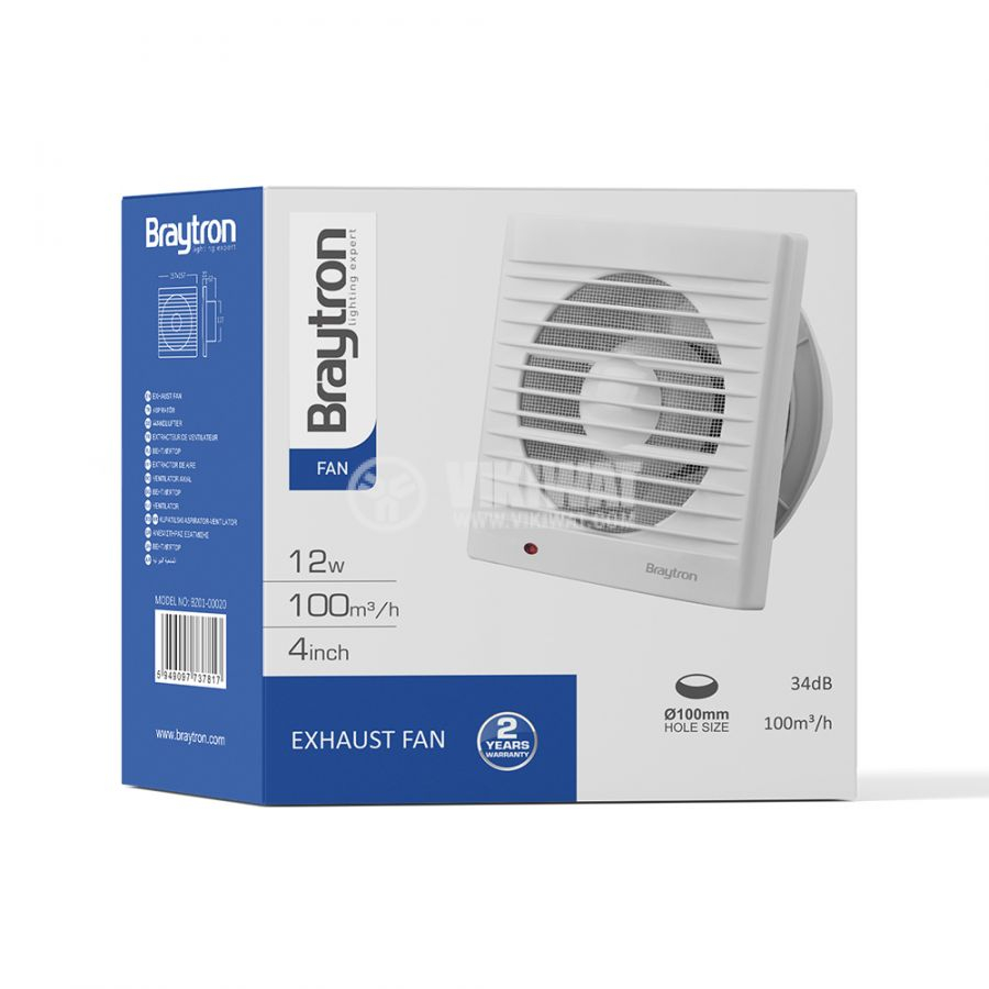 ASPIRATOR KUPATILSKI VENTILATOR FI100 BRAYTRON 12W 100M3|H 34DB 2200RPM IPX2 BZ01-00010