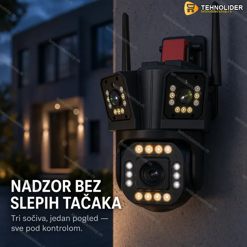 PTZ WiFi kamera sa 3 sočiva za kuću i dvorište — noćni režim, detekcija pokreta, alarm