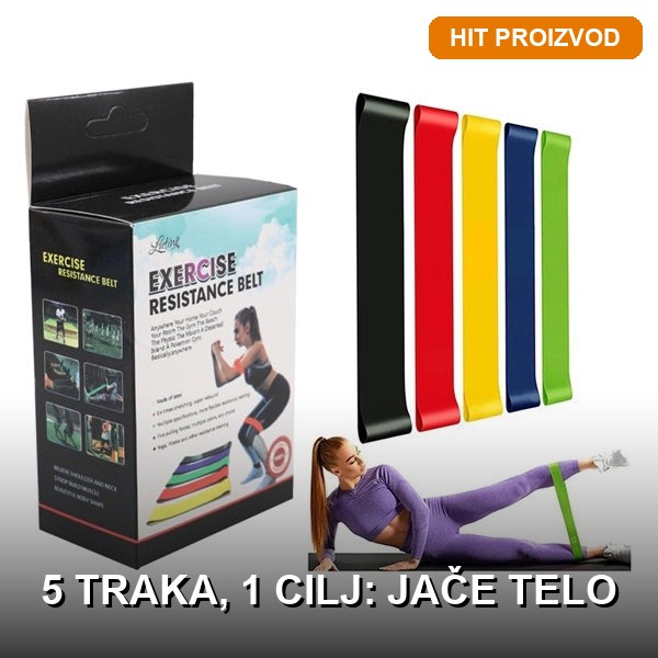 Rastegljive trake za vežbanje — set od 5 traka različitih otpora sa torbom