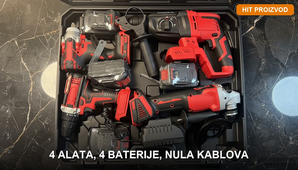 Aku Set 4u1 — Bušilica, Brusilica i Udarni Odvijač sa 4 Punjive Baterije
