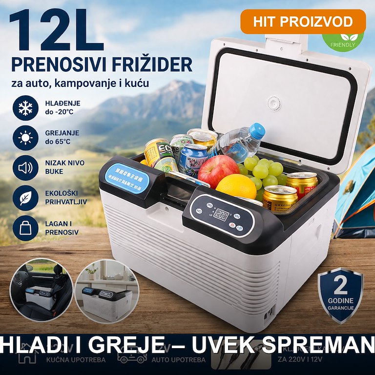 Auto Frižider 12L 12V/220V – Prenosivi Mini Frižider i Grejač za Kamp i Putovanja