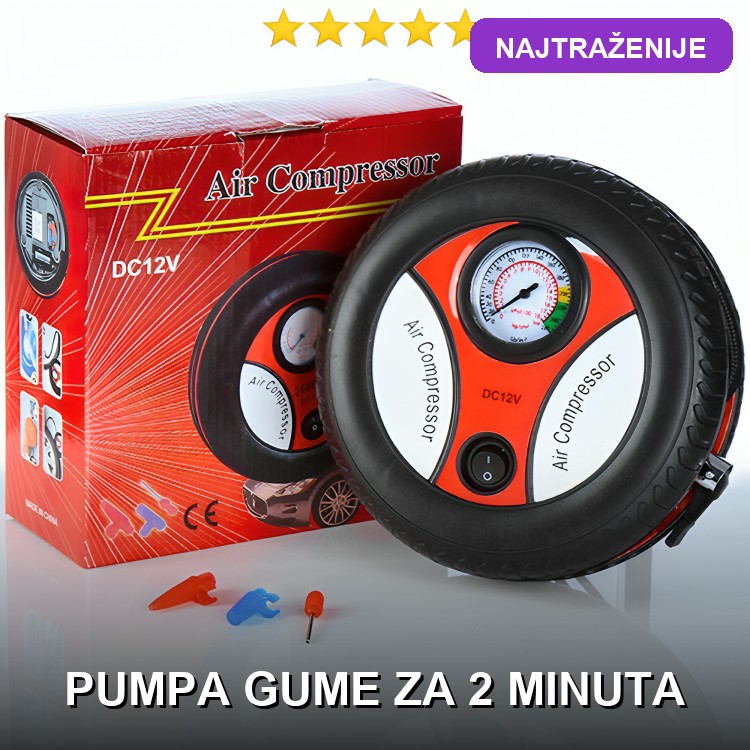 Ručni kompresor za auto 12V – Kompaktni pumpa za gume sa manometrom i setom nastavaka