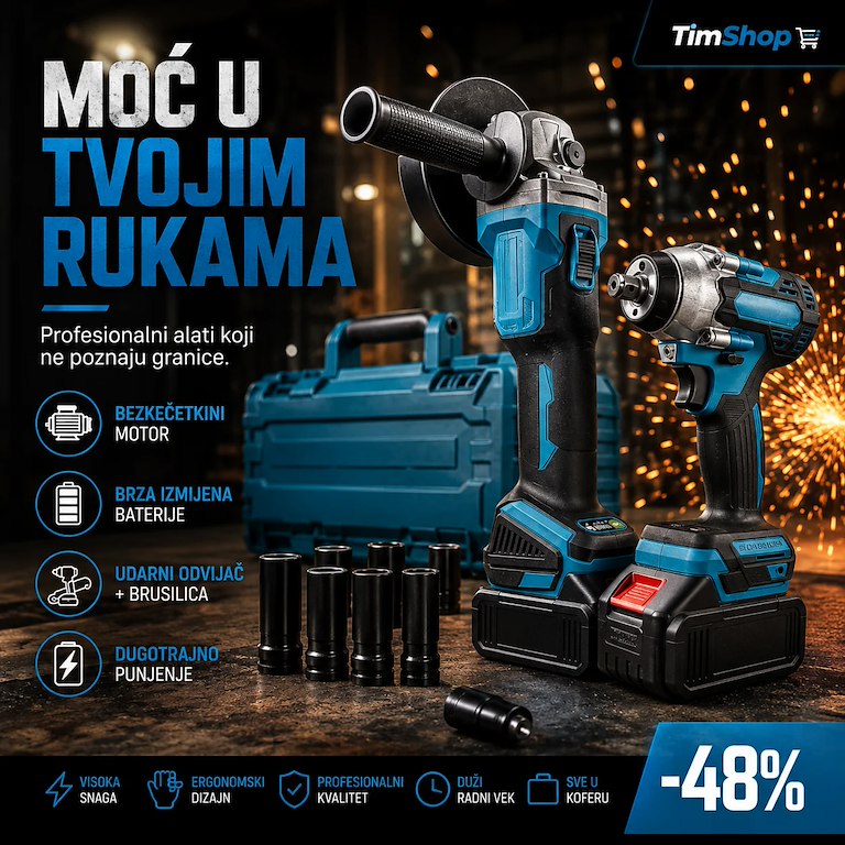 Aku Set 128V – Akumulatorska Ugaona Brusilica i Udarni Odvijač/Šrafilica sa 2 Baterije u Koferu