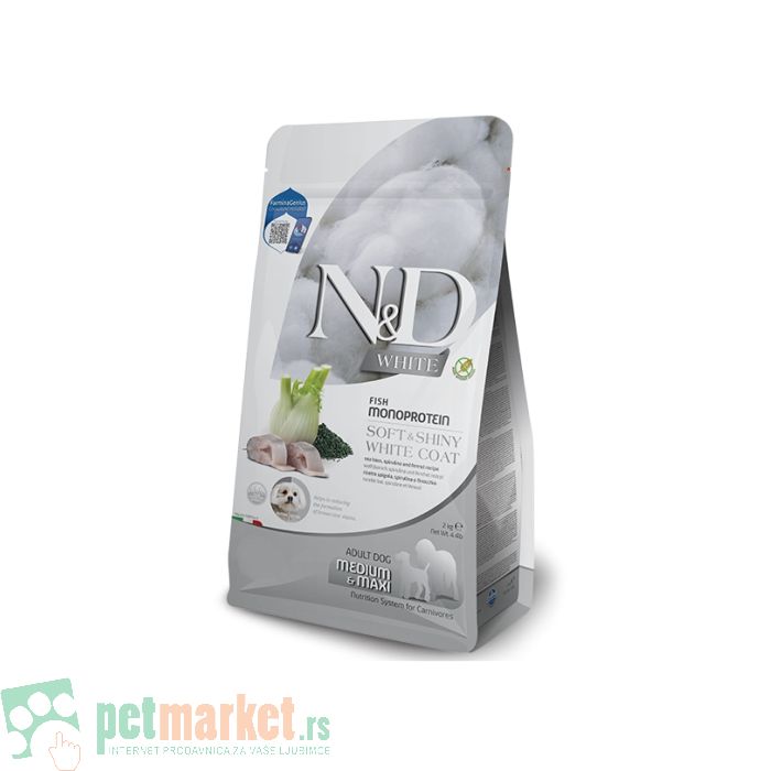 N&D White: Hrana za bele pse Med/Max Adult, Brancin & Spirulina