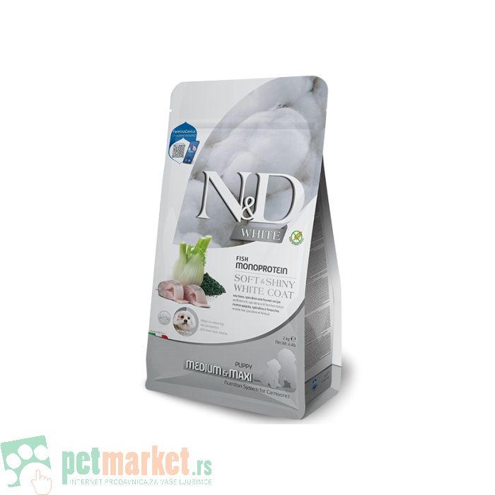 N&D White: Hrana za bele štence Med/Max Puppy, Brancin & Spirulina