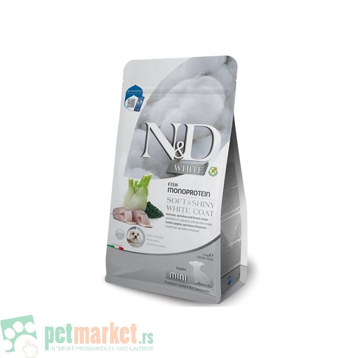 N&D White: Hrana za bele štence Mini Puppy, Brancin & Spirulina