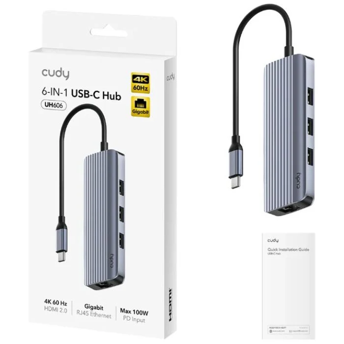 CUDY UH606 - USB-C 6-u-1 hub: HDMI 2.0 4K, 3× USB-A, Gigabit, PD 100 W