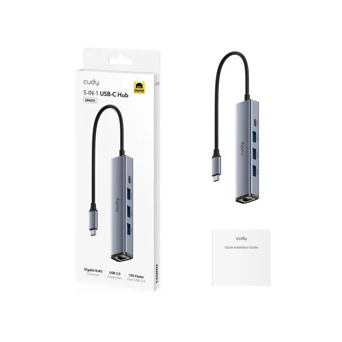 CUDY UH605 - USB-C 5-u-1 hub: 3× USB-A, Gigabit Ethernet, USB-C PD ulaz