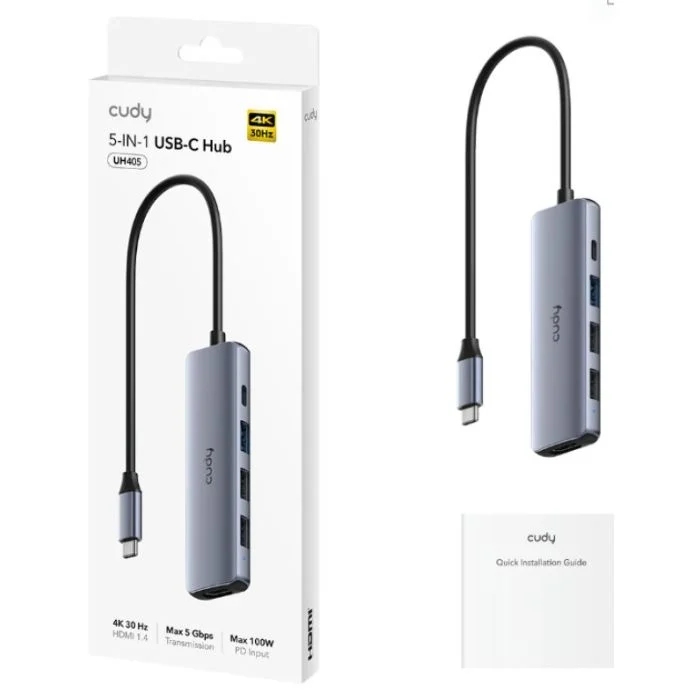 CUDY UH405 - USB-C 5-u-1 hub: HDMI 1.4 4K 30Hz, USB-A 3.0 + 2× USB-A 2.0, PD 100 W