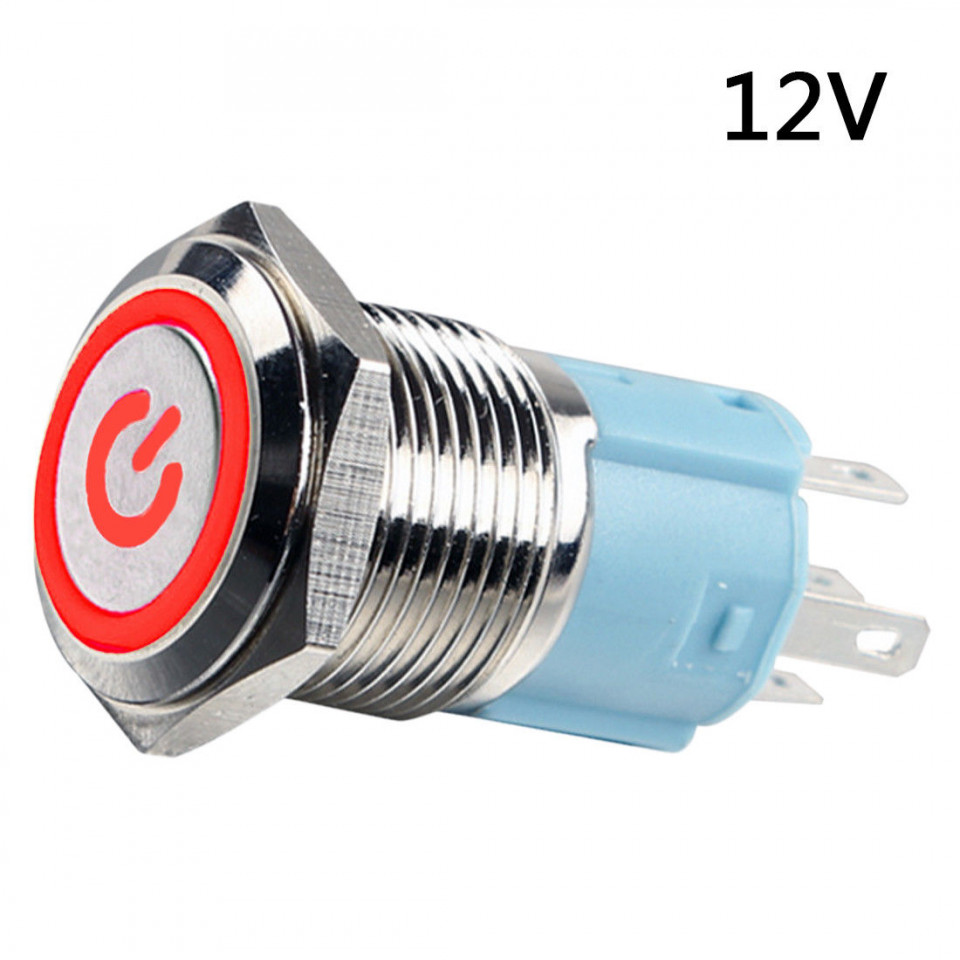 Vodootporni Metalni Taster 16mm sa LED Osvetljenjem 12V - Crveni LED Ring (IP65)