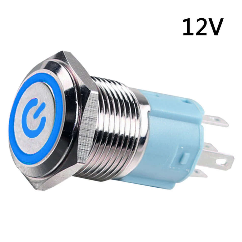 Vodootporni Metalni Taster 16mm sa LED Osvetljenjem 12V - Plavi LED Ring (IP65)