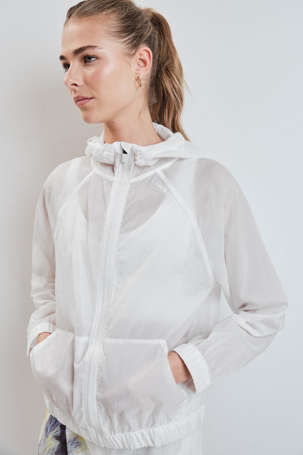 Weiße winddichte Jacke mit Kapuze