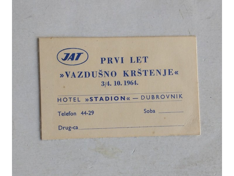 kartica PRVI LET VAZDUŠNO KRŠTENJE JAT 1964 Yugoslavia