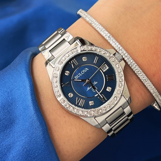 BULOVA 96R215 ženski sat Marine Star 29 Diamonds Stainless Steel Midnight Blue Mother of Pearl Dial 32mm 10ATM Bestseller
