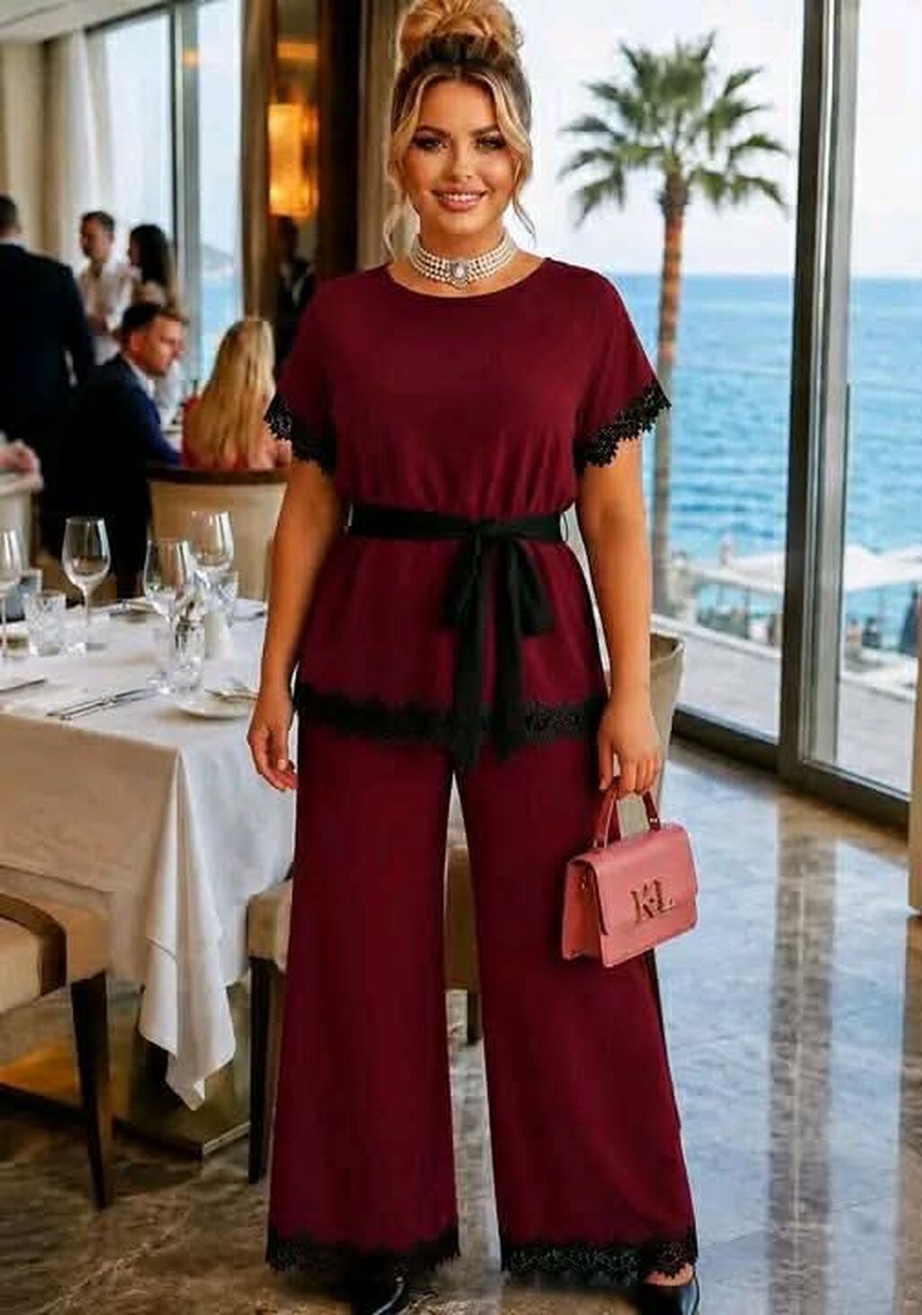 Ženski komplet – bluza i pantalone sa čipkom ✨ Komplet za punije ✨