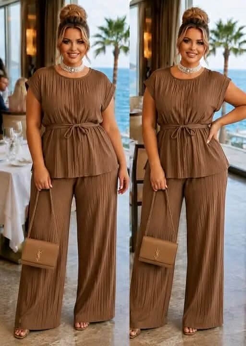 Ženski komplet – plisirani top i široke pantalone - Dvodjelni komplet