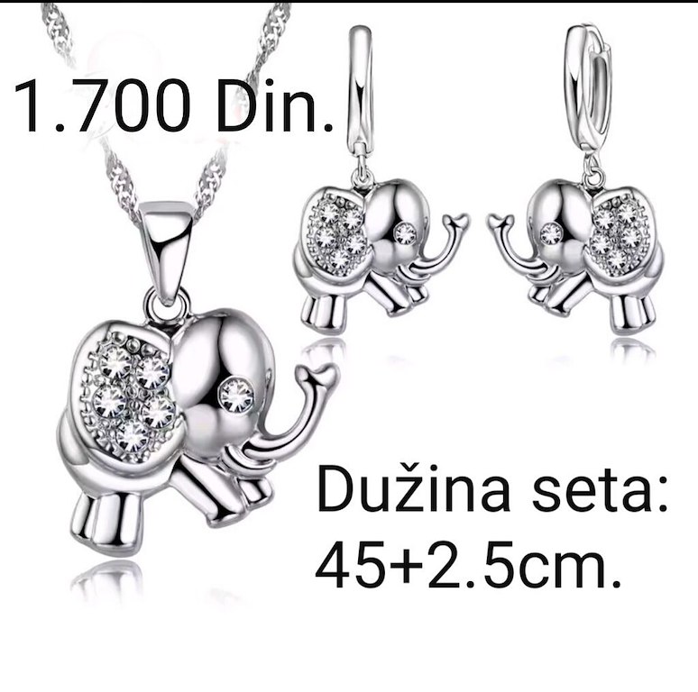 Posrebreni set nakita sa žigom S925 od hirurskog čelika. Slonići