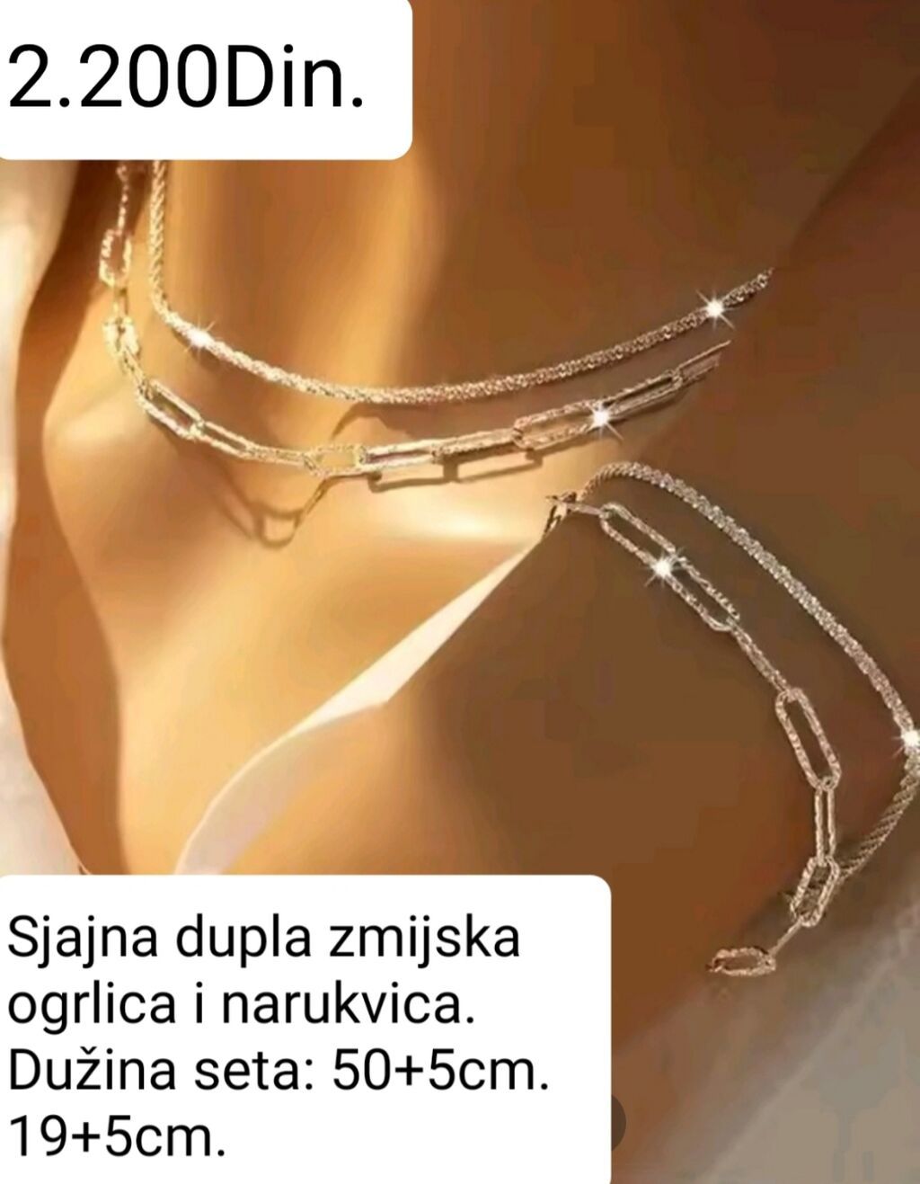 Posrebreni sjajan set nakita sa žigom S925 od hirurskog čelika. Dupla