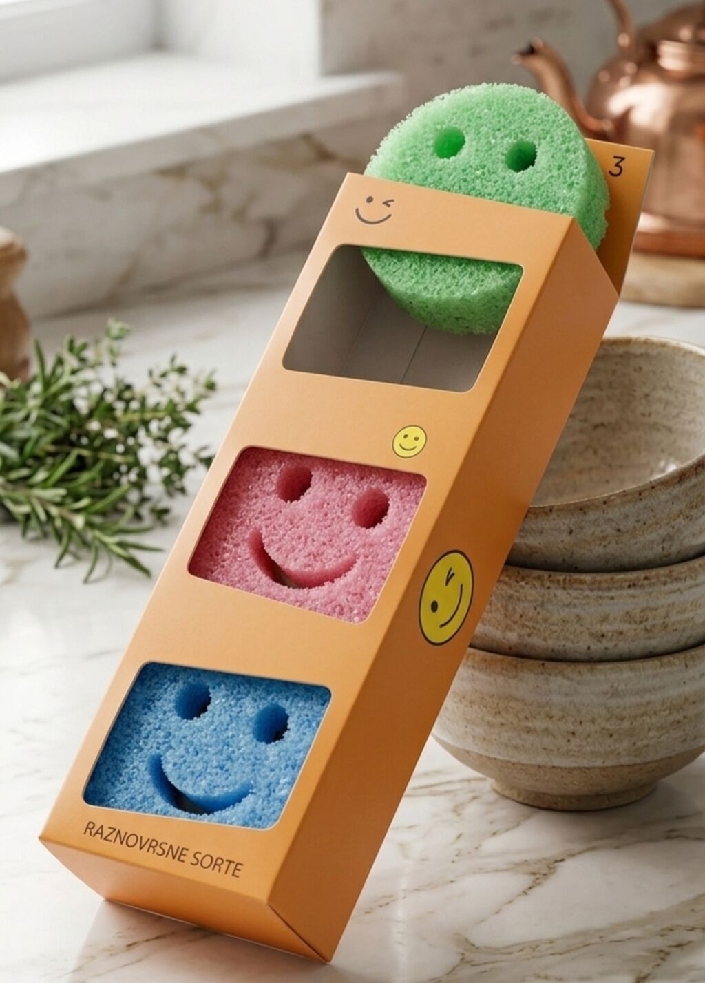 Set od 3 kuhinjske sunđera – raznobojni “smiley” oblici - Sadržaj