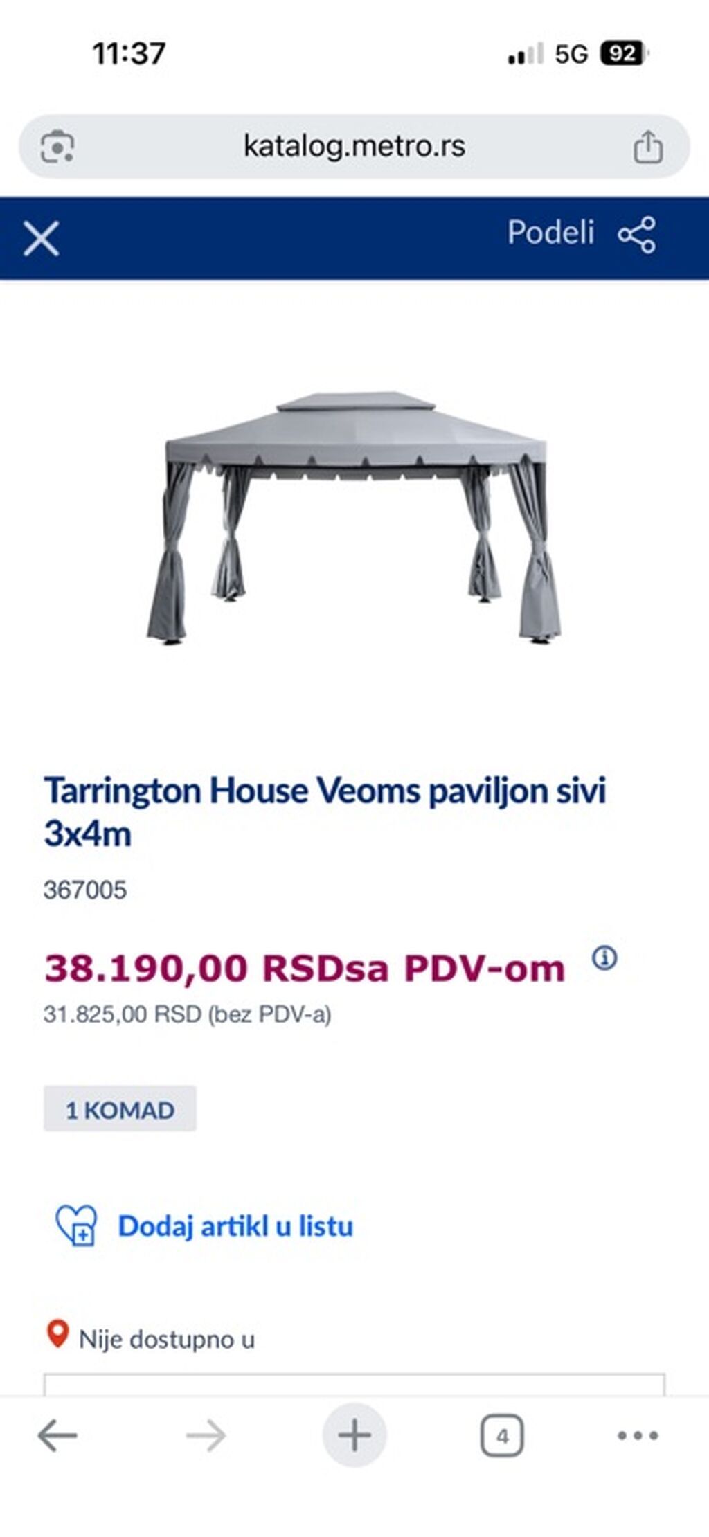 Tarrington House Veoms paviljon, sivi, 3×4 m - Dimenzije: 3 m × 4 m –