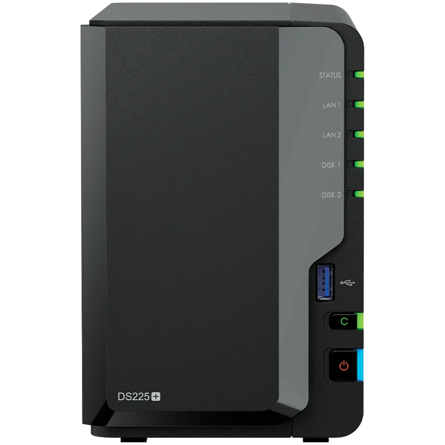 Synology DS225+, Tower, 2-bays 3.5'' SATA HDD/SSD, CPU Inte Celeron J4125 4-core (4-thread) 2.0 GHz, burst up to 2.7 GHz, 2 GB DDR4 non-ECC (expandable up to 6 GB), 1xRJ-45 1GbE LAN, 1xRJ-45 2.5 G...