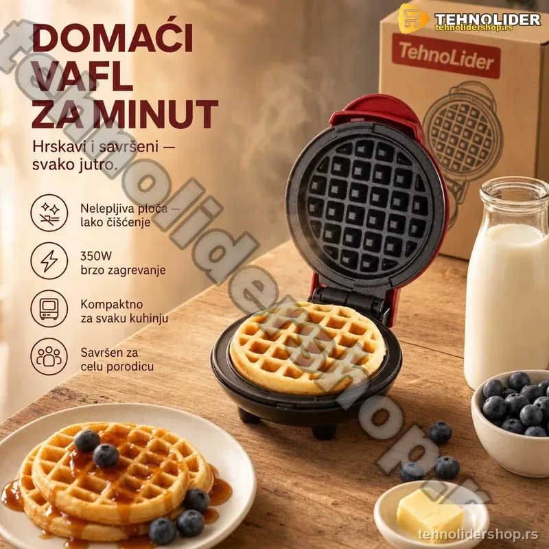 Mini Aparat za Vafle – Nelepljiva Ploča, 350W, Crveni