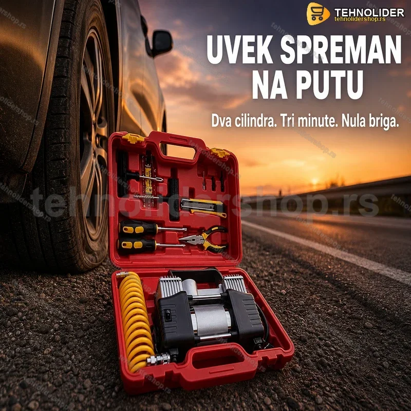 Kompresor za Gume sa Digitalnim Manometrom + Set za Krpljenje – 2 Cilindra, 12V