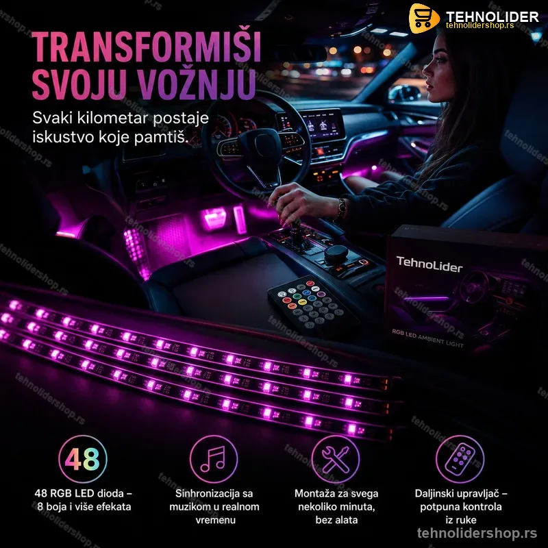 Magična LED Svetla za Auto Enterijer – Set 4 Trake sa Daljinskim