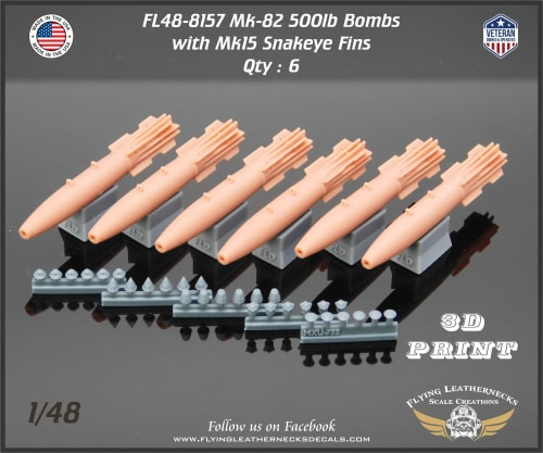 NEW! Flying Leathernecks 48-8157 Mk.82 500lb Bomb with Mk-15 Snakeye Fin (6 pcs / 3D-Printed)