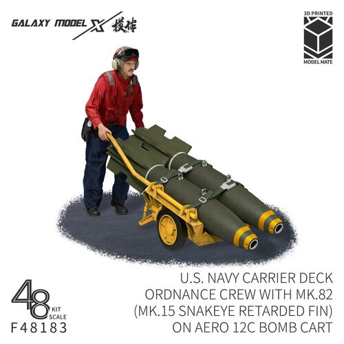 Galaxy-Model F48183 US Navy Carrier Deck Ordnance Crew with Mk.82 (Mk.15 Snakeye Retarded Fin) on Aero 12C Bomb Cart (1 Figure / 3D-Printed)