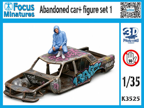 FOCUS MINIATURES K3525 Abandoned Car + Figure Set 1 (3D-Printed)