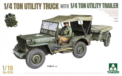 NEW! Takom 1026 US WWII Willys 1/4 - Ton Utility Truck with 1/4 - Ton Utility Trailer