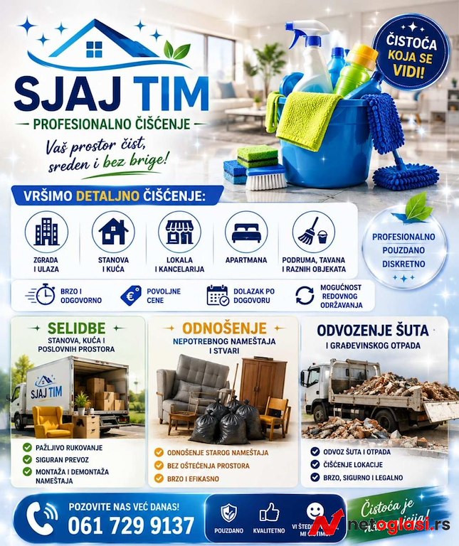 Kvalitetno ciscenje i redovno odrzavanje kao i selidbe i odvozenje suta i namestaja