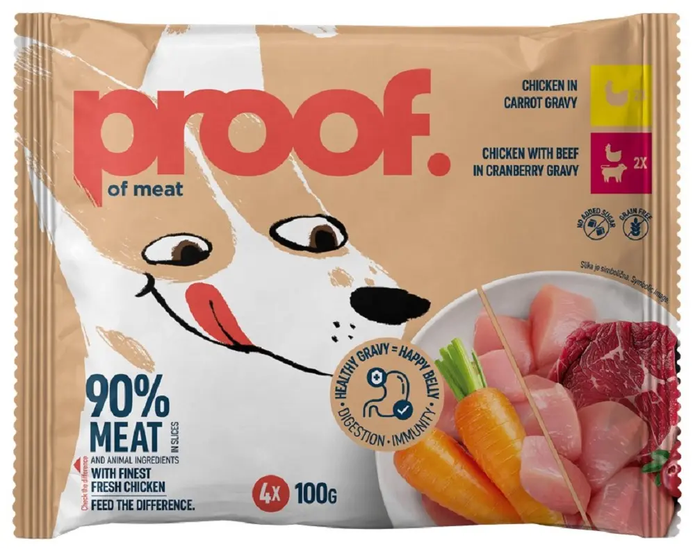 Proof Vlažna hrana za pse, Piletina i govedina u sosu od brusnice, 100 g, 4 komada