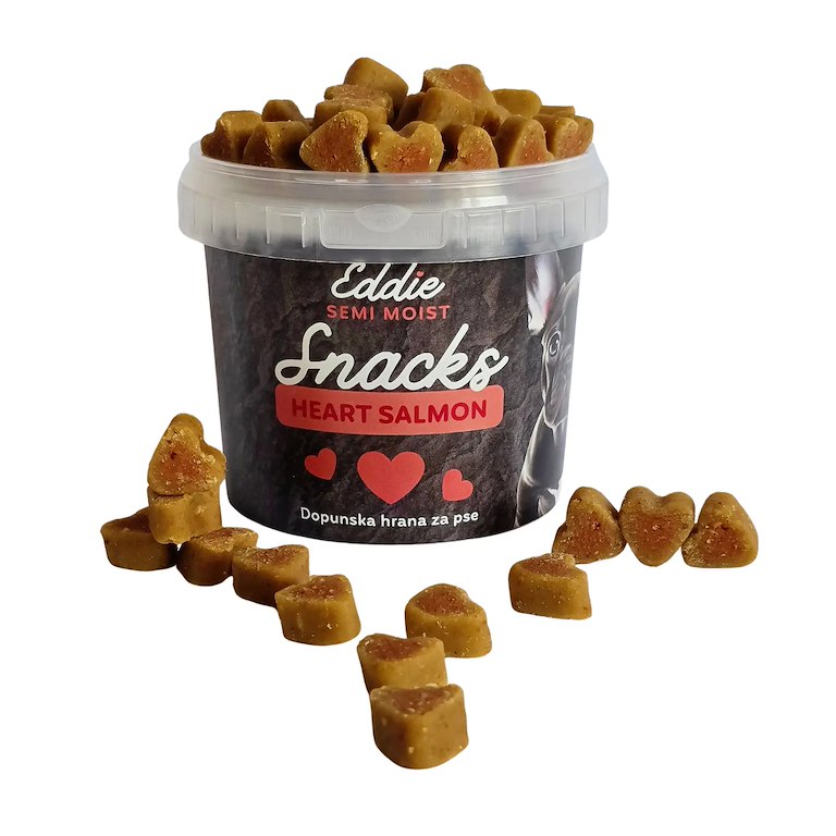 Eddie Poslastica za pse za trening i svakodnevno nagrađivanje sa lososom, Semi Moist Snacks Heart Salmon, 200g