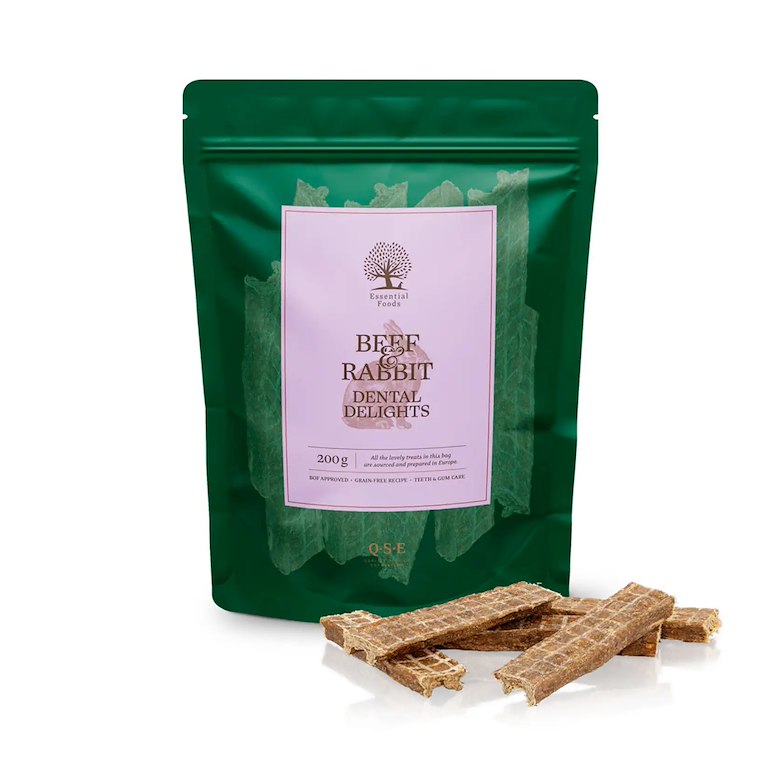 Essential Dentalna poslastica za pse bez žitarica za čišćenje zuba, Grain‑Free Beef & Rabbit Dental Delights, Sa govedinom i zečetinom, 200g